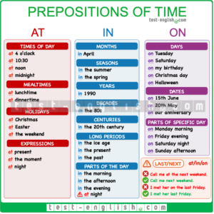 At, in, on: Prepositions of time - Page 2 of 3 - Test-English